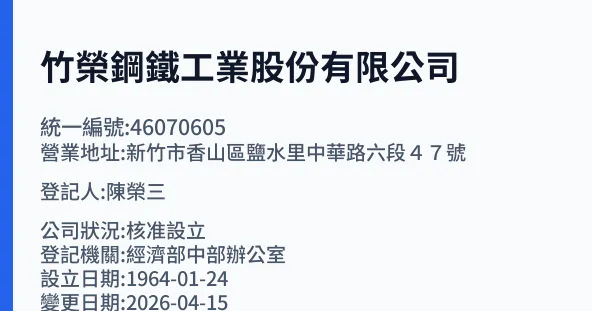 竹榮鋼鐵工業股份有限公司的照片-統編 46070605(新竹市) 公司登記資料與營業項目詳細圖表