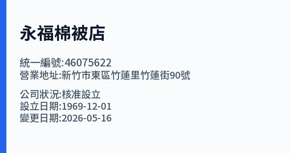 永福棉被店的照片-統編 46075622(新竹市) 公司登記資料與營業項目詳細圖表