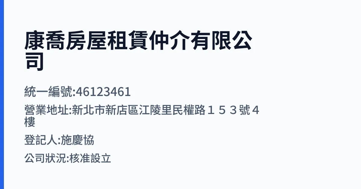 康喬房屋租賃仲介有限公司 - 統編 46123461(新北市) 公司登記資料與營業項目詳細圖表