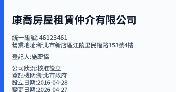 康喬房屋租賃仲介有限公司的照片-統編 46123461(新北市) 公司登記資料與營業項目詳細圖表