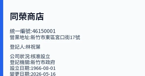 同榮商店的照片-統編 46150001(新竹市) 公司登記資料與營業項目詳細圖表