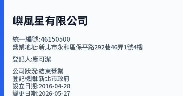 嶼風星有限公司的照片-統編 46150500(新北市) 公司登記資料與營業項目詳細圖表