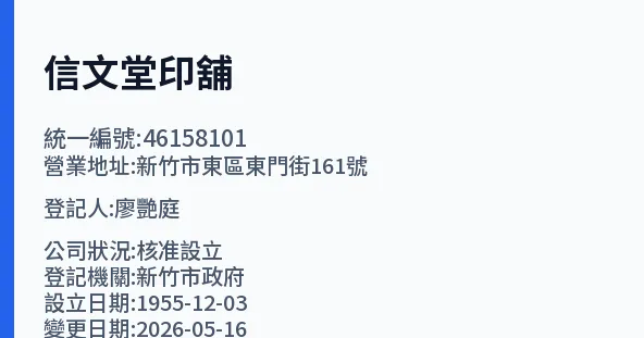 信文堂印舖的照片-統編 46158101(新竹市) 公司登記資料與營業項目詳細圖表