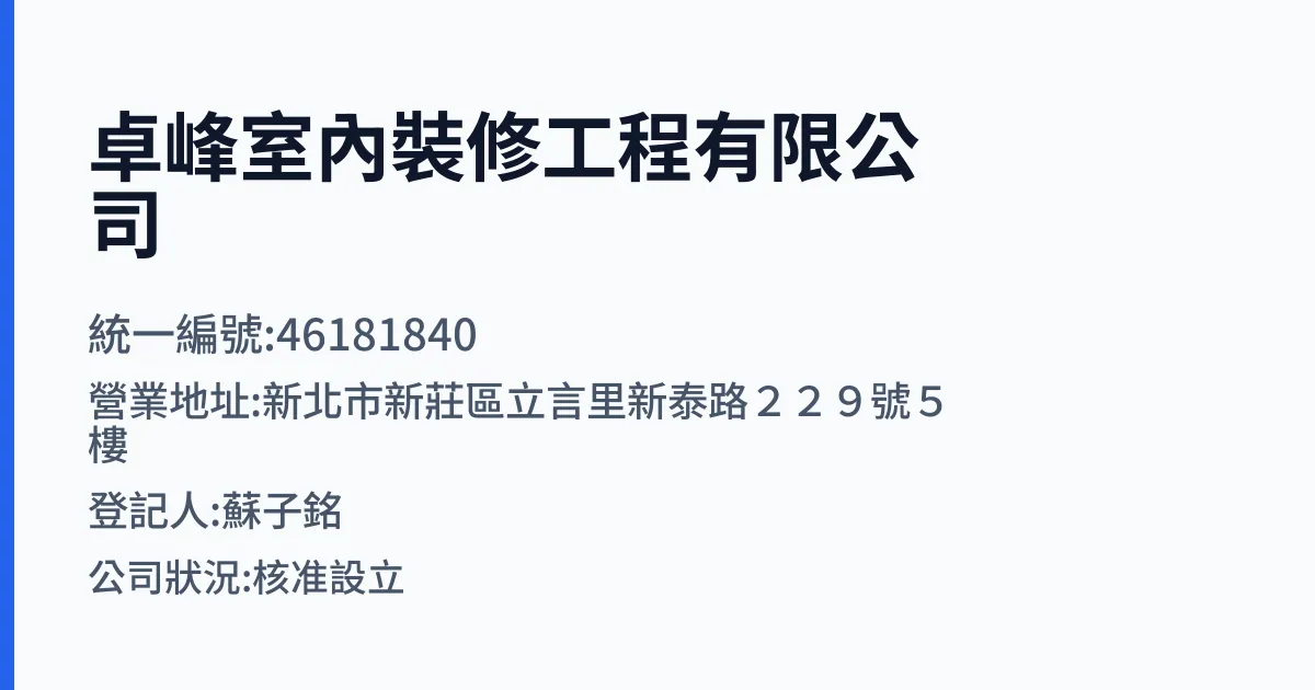 卓峰室內裝修工程有限公司 - 統編 46181840(新北市) 公司登記資料與營業項目詳細圖表