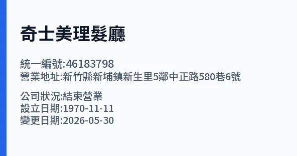 奇士美理髮廳的照片-統編 46183798(新竹縣) 公司登記資料與營業項目詳細圖表