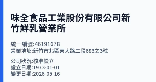 味全食品工業股份有限公司新竹鮮乳營業所的照片-統編 46191678(新竹市) 公司登記資料與營業項目詳細圖表