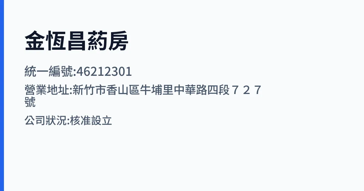 金恆昌葯房 - 統編 46212301(新竹市) 公司登記資料與營業項目詳細圖表