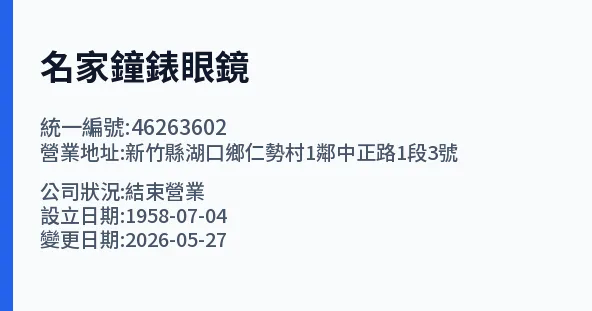 名家鐘錶眼鏡的照片-統編 46263602(新竹縣) 公司登記資料與營業項目詳細圖表