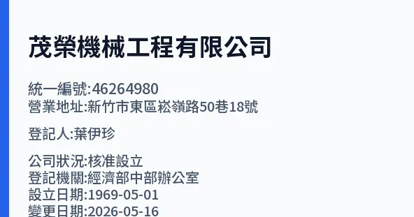 茂榮機械工程有限公司的照片-統編 46264980(新竹市) 公司登記資料與營業項目詳細圖表