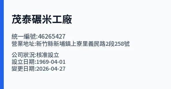 茂泰碾米工廠的照片-統編 46265427(新竹縣) 公司登記資料與營業項目詳細圖表