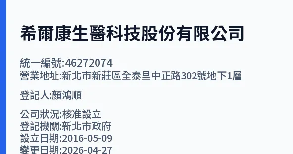 希爾康生醫科技股份有限公司的照片-統編 46272074(新北市) 公司登記資料與營業項目詳細圖表