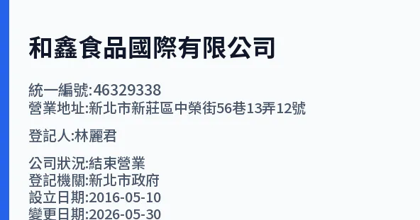 和鑫食品國際有限公司的照片-統編 46329338(新北市) 公司登記資料與營業項目詳細圖表