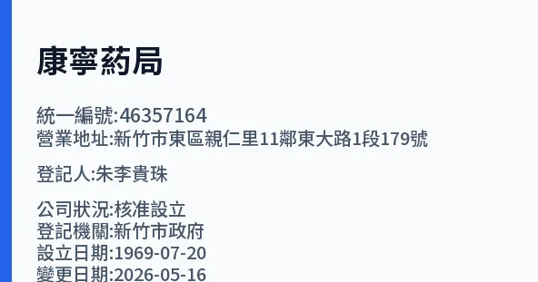 康寧葯局的照片-統編 46357164(新竹市) 公司登記資料與營業項目詳細圖表