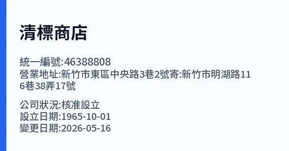 清標商店的照片-統編 46388808(新竹市) 公司登記資料與營業項目詳細圖表