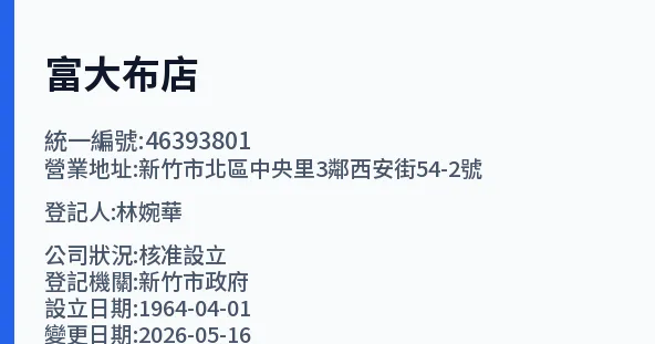 富大布店的照片-統編 46393801(新竹市) 公司登記資料與營業項目詳細圖表