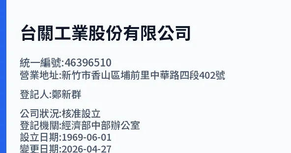 台關工業股份有限公司的照片-統編 46396510(新竹市) 公司登記資料與營業項目詳細圖表