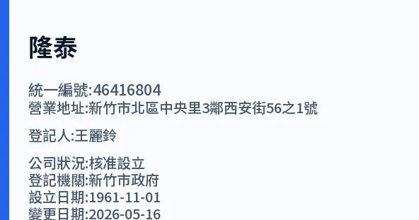 隆泰的照片-統編 46416804(新竹市) 公司登記資料與營業項目詳細圖表