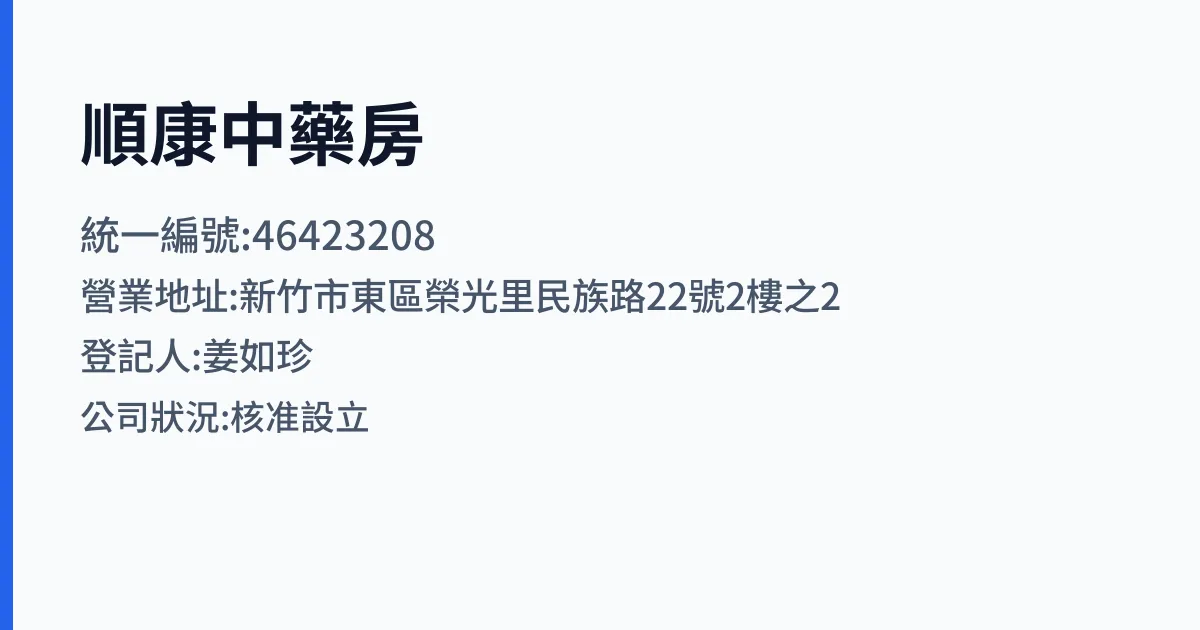 順康中藥房 - 統編 46423208(新竹市) 公司登記資料與營業項目詳細圖表