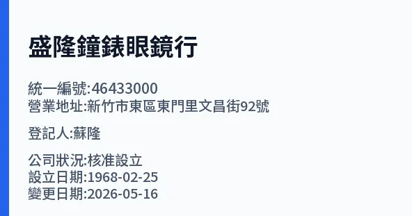 盛隆鐘錶眼鏡行的照片-統編 46433000(新竹市) 公司登記資料與營業項目詳細圖表