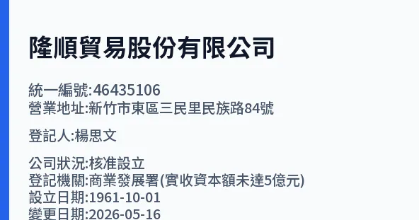 隆順貿易股份有限公司的照片-統編 46435106(新竹市) 公司登記資料與營業項目詳細圖表