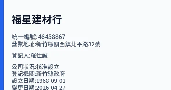 福星建材行的照片-統編 46458867(新竹縣) 公司登記資料與營業項目詳細圖表