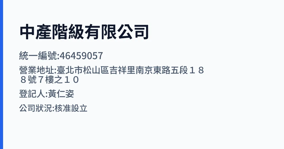 中產階級有限公司 - 統編 46459057(臺北市) 公司登記資料與營業項目詳細圖表