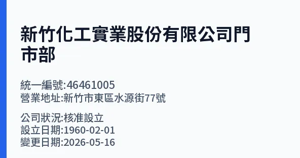 新竹化工實業股份有限公司門市部的照片-統編 46461005(新竹市) 公司登記資料與營業項目詳細圖表