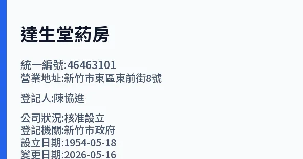 達生堂葯房的照片-統編 46463101(新竹市) 公司登記資料與營業項目詳細圖表