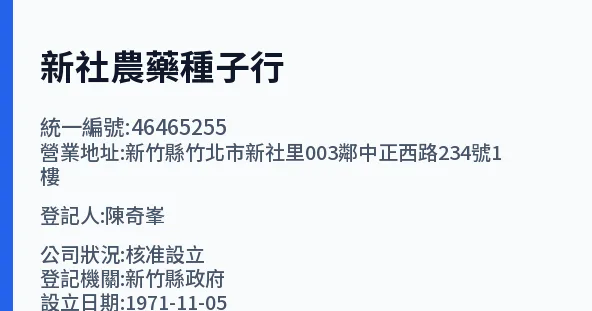 新社農藥種子行的照片-統編 46465255(新竹縣) 公司登記資料與營業項目詳細圖表