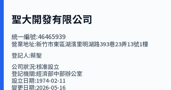 聖大開發有限公司的照片-統編 46465939(新竹市) 公司登記資料與營業項目詳細圖表