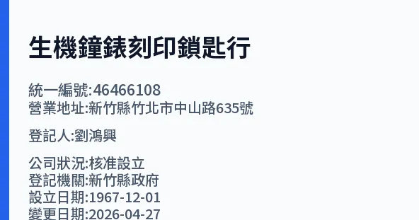 生機鐘錶刻印鎖匙行的照片-統編 46466108(新竹縣) 公司登記資料與營業項目詳細圖表