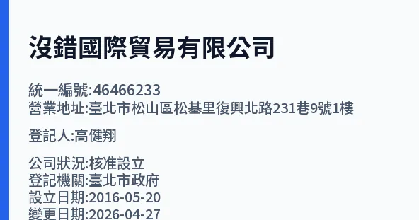 沒錯國際貿易有限公司的照片-統編 46466233(臺北市) 公司登記資料與營業項目詳細圖表