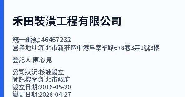 禾田裝潢工程有限公司的照片-統編 46467232(新北市) 公司登記資料與營業項目詳細圖表