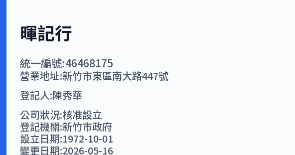 暉記行的照片-統編 46468175(新竹市) 公司登記資料與營業項目詳細圖表