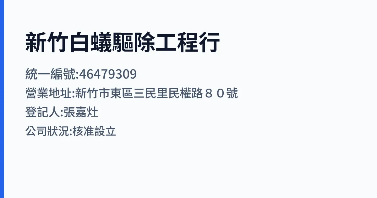 新竹白蟻驅除工程行 - 統編 46479309(新竹市) 公司登記資料與營業項目詳細圖表