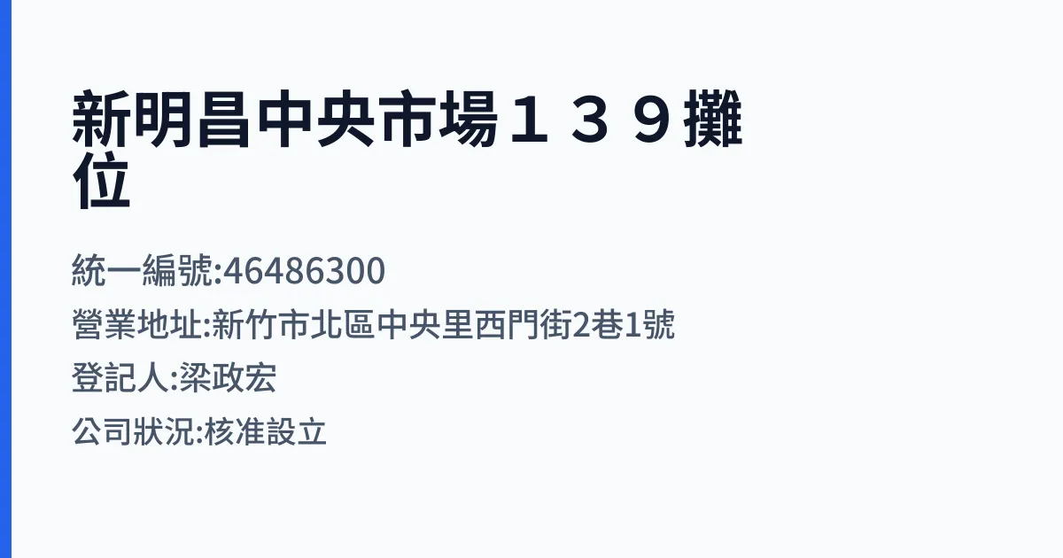新明昌中央市場１３９攤位 - 統編 46486300(新竹市) 公司登記資料與營業項目詳細圖表