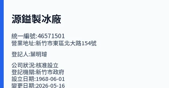源鎰製冰廠的照片-統編 46571501(新竹市) 公司登記資料與營業項目詳細圖表
