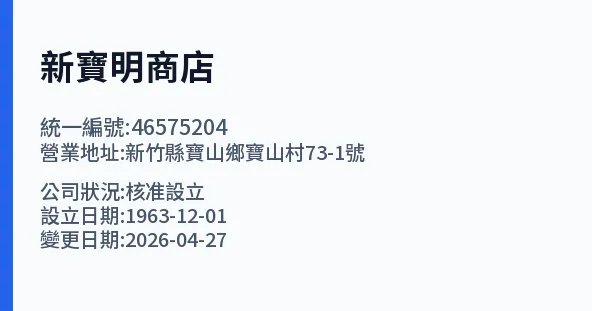 新寶明商店的照片-統編 46575204(新竹縣) 公司登記資料與營業項目詳細圖表