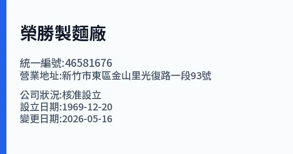 榮勝製麵廠的照片-統編 46581676(新竹市) 公司登記資料與營業項目詳細圖表