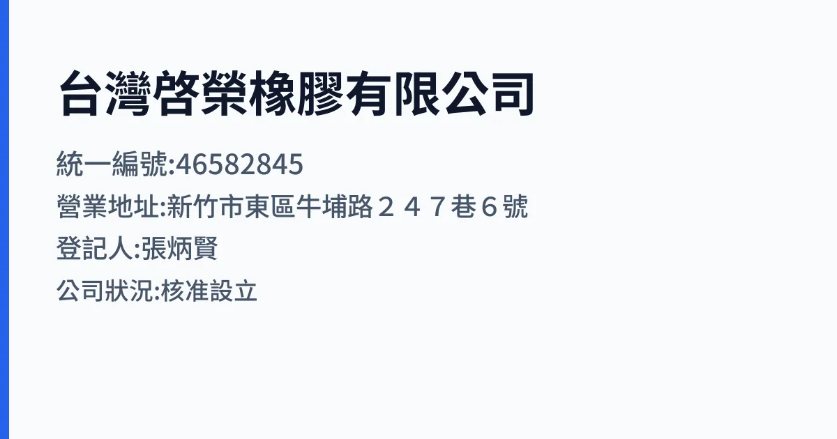 台灣啓榮橡膠有限公司 - 統編 46582845(新竹市) 公司登記資料與營業項目詳細圖表