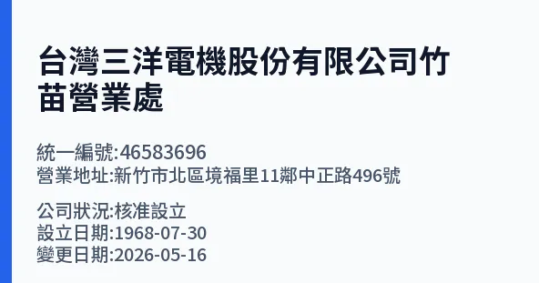 台灣三洋電機股份有限公司竹苗營業處的照片-統編 46583696(新竹市) 公司登記資料與營業項目詳細圖表