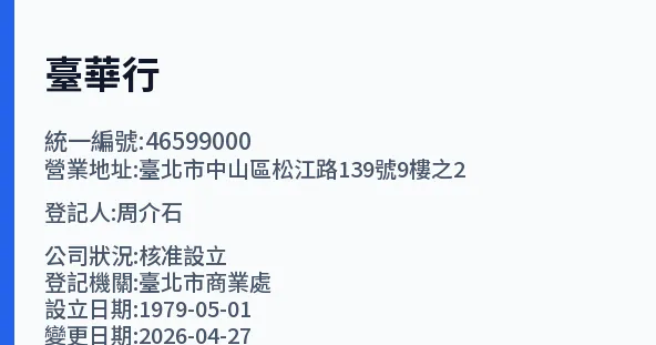 臺華行的照片-統編 46599000(臺北市) 公司登記資料與營業項目詳細圖表
