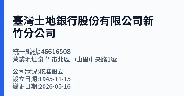 臺灣土地銀行股份有限公司新竹分公司的照片-統編 46616508(新竹市) 公司登記資料與營業項目詳細圖表