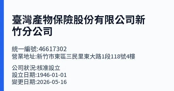 臺灣產物保險股份有限公司新竹分公司的照片-統編 46617302(新竹市) 公司登記資料與營業項目詳細圖表
