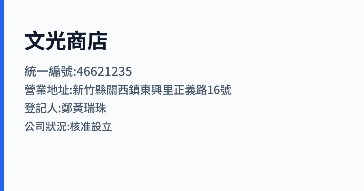 文光商店 - 統編 46621235(新竹縣) 公司登記資料與營業項目詳細圖表