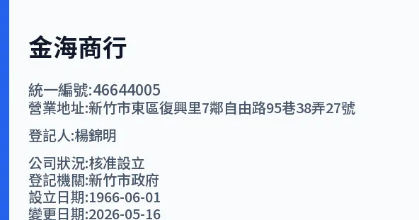 金海商行的照片-統編 46644005(新竹市) 公司登記資料與營業項目詳細圖表