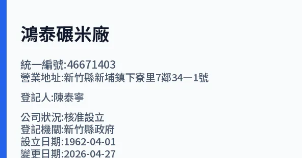 鴻泰碾米廠的照片-統編 46671403(新竹縣) 公司登記資料與營業項目詳細圖表