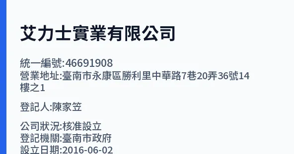 艾力士實業有限公司的照片-統編 46691908(臺南市) 公司登記資料與營業項目詳細圖表