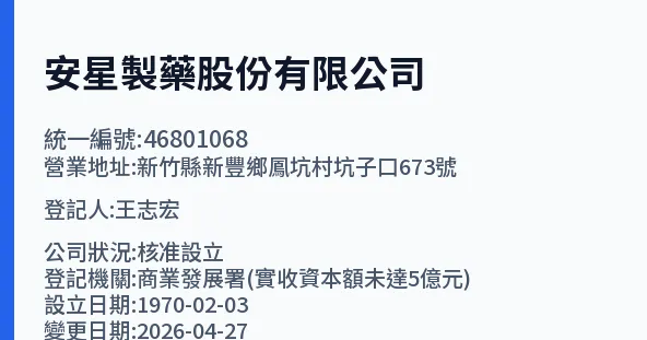 安星製藥股份有限公司的照片-統編 46801068(新竹縣) 公司登記資料與營業項目詳細圖表