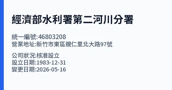 經濟部水利署第二河川分署的照片-統編 46803208(新竹市) 公司登記資料與營業項目詳細圖表